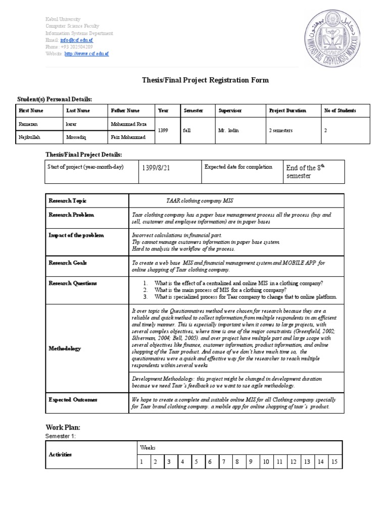 Thesis/Final Project Registration Form: Student(s) Personal Details ...