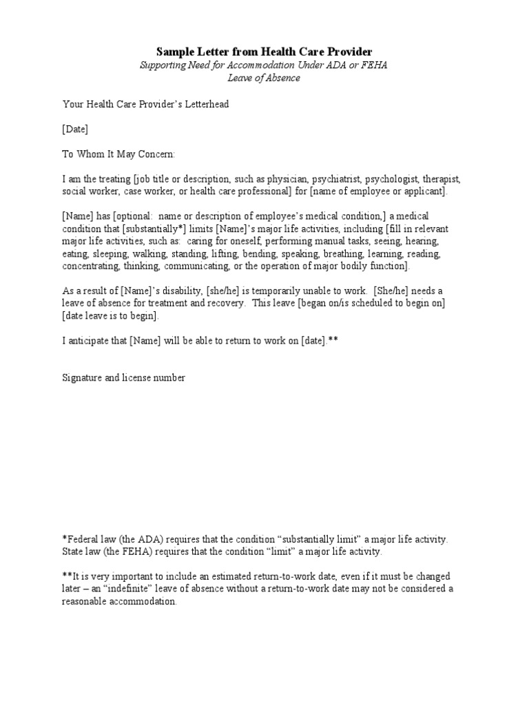 Health Provider Letter for ADA Accommodation | PDF