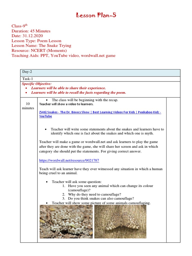 Lesson Plan for "The Snake Trying" | PDF | Poetry | Neuropsychological ...