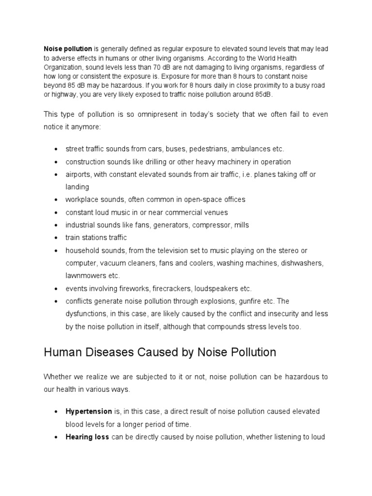 Human Diseases Caused by Noise Pollution | PDF | Hearing Loss | Hearing