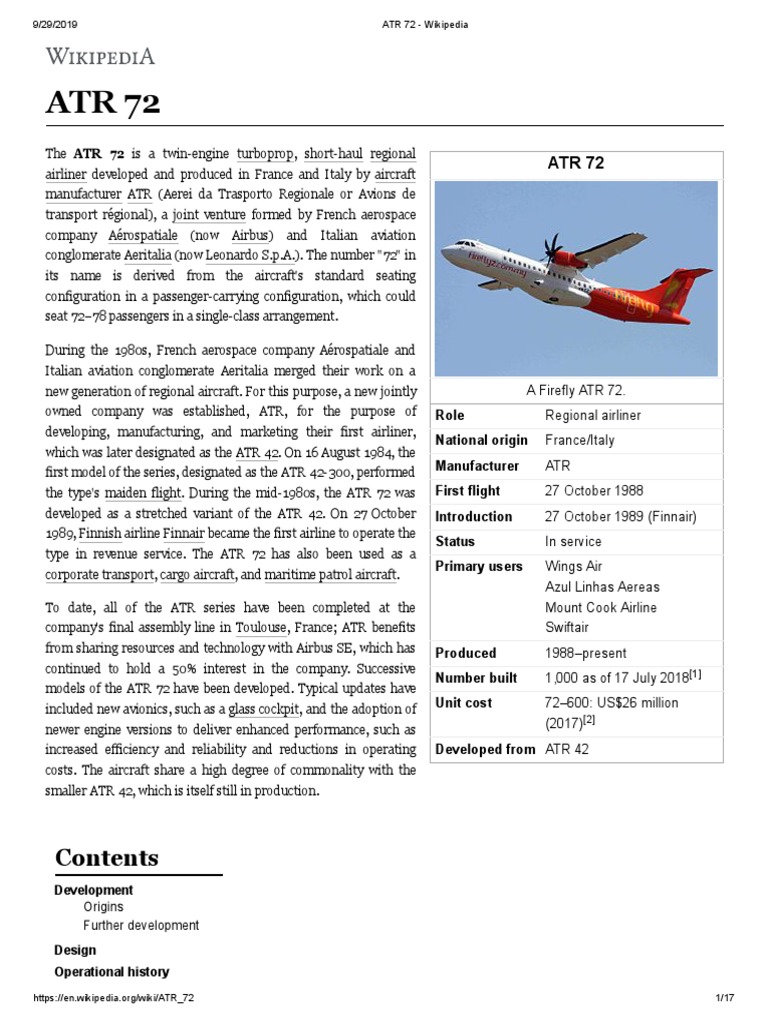 ATR 72 - Wikipedia PDF | Download Free PDF | Transport | Aviation