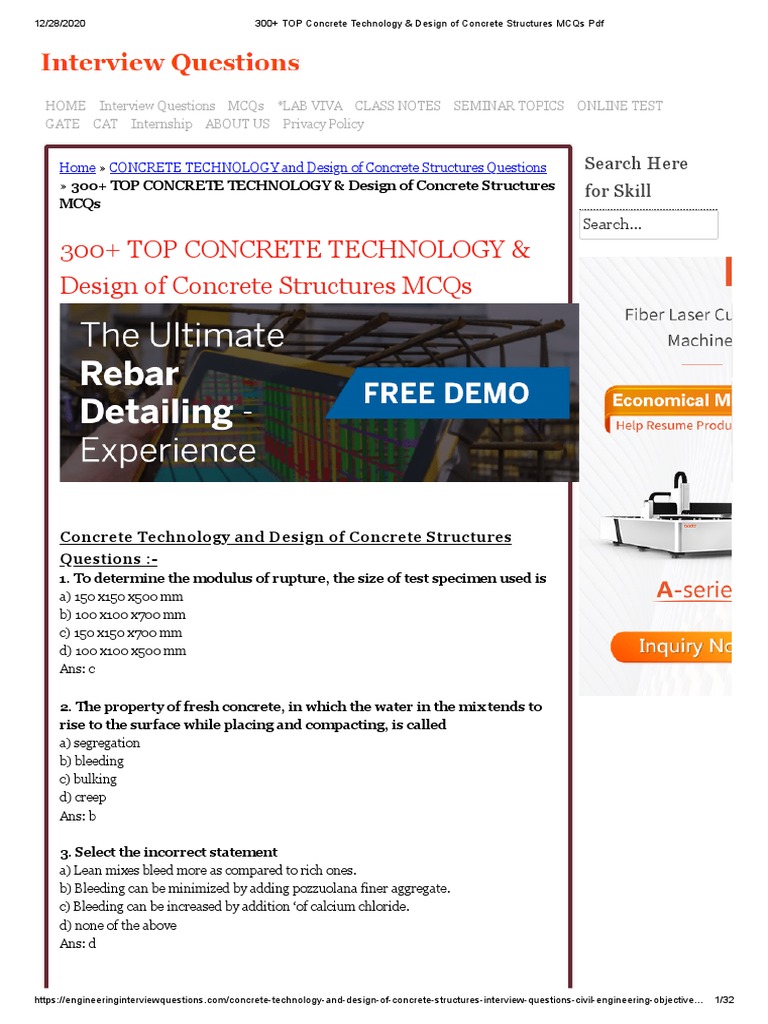 300+ TOP Concrete Technology & Design of Concrete Structures MCQs Pdf.pdf | Prestressed Concrete ...