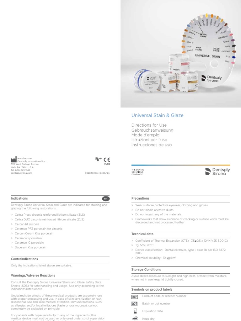 Dentsply Sirona Universal Stains Glaze Dfu PDF | PDF | Zirconium ...