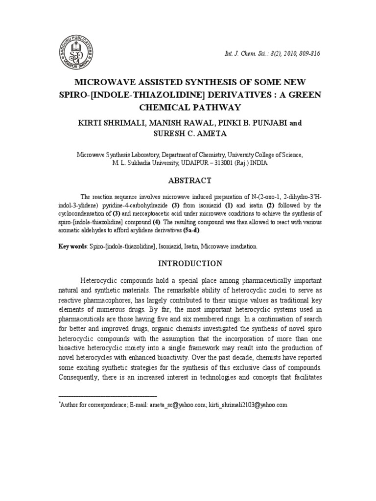Microwave Assisted Synthesis of Some New Spiro - (Indole-Thiazolidine ...