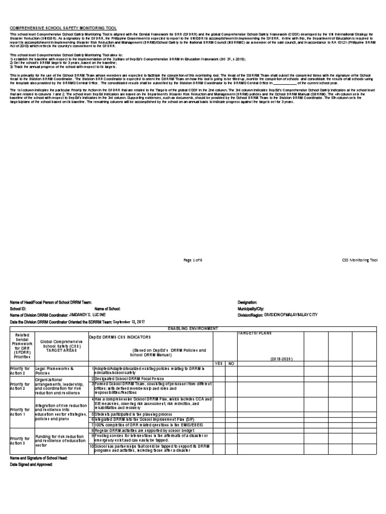 Comprehensive School Safety Monitoring Tool | PDF | Disaster Risk ...