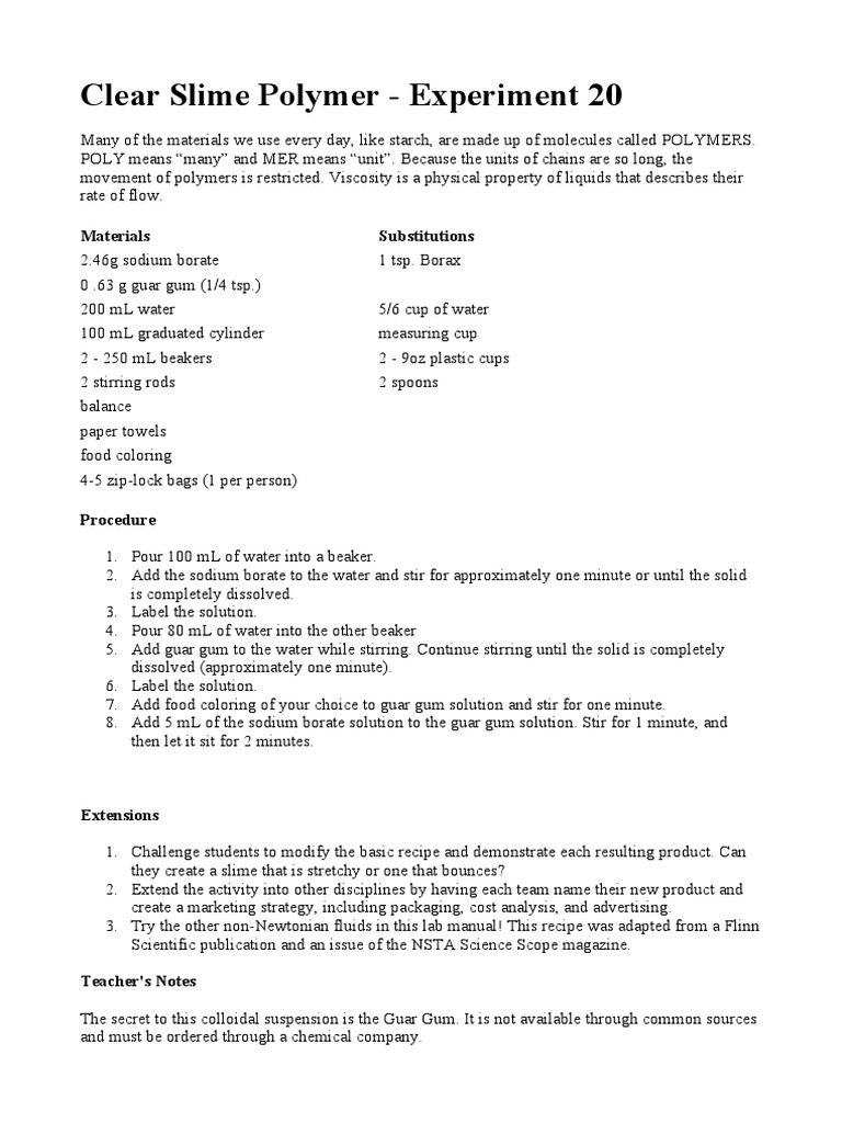 Clear Slime Polymer - Experiment 20: Materials Substitutions | PDF ...