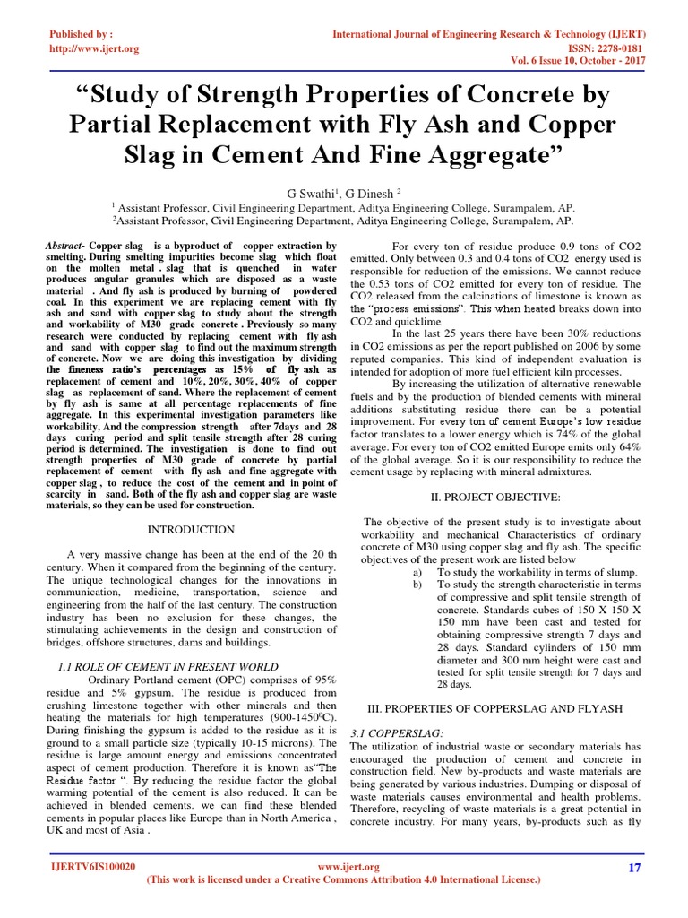 Study of Strength Properties of Concrete by Partial Replacement With Fly Ash and Copper Slag in ...