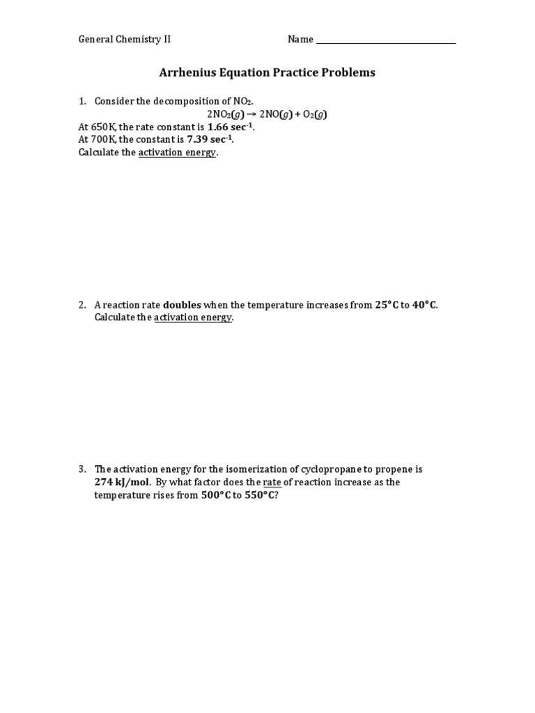 Arrhenius Equation Practice Problems | PDF