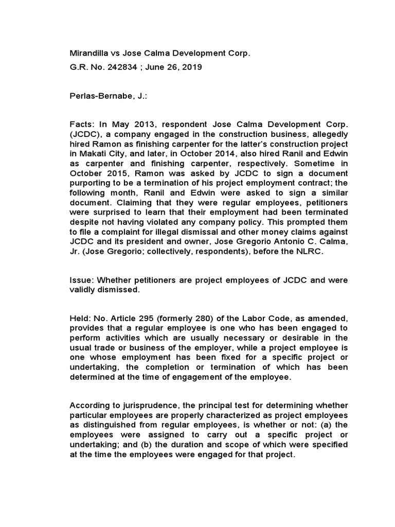 Mirandilla Vs Jose Calma Development Corp | PDF | Employment | Common Law