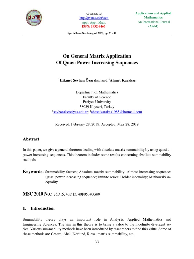 On General Matrix Application of Quasi Power Increasing Sequences | PDF | Series (Mathematics ...