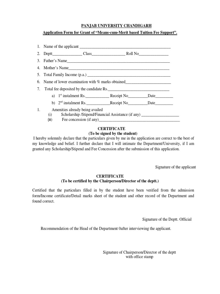 Panjab University Chandigarh Application Form For Grant of "Means-cum ...