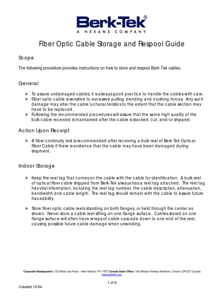 Fiber Optic Cable Storage and Respool Guide: Scope | PDF | Optical ...