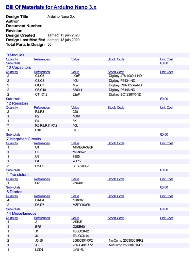 Bill of Materials Arduino Nano 3.x | PDF | Semiconductor Devices ...