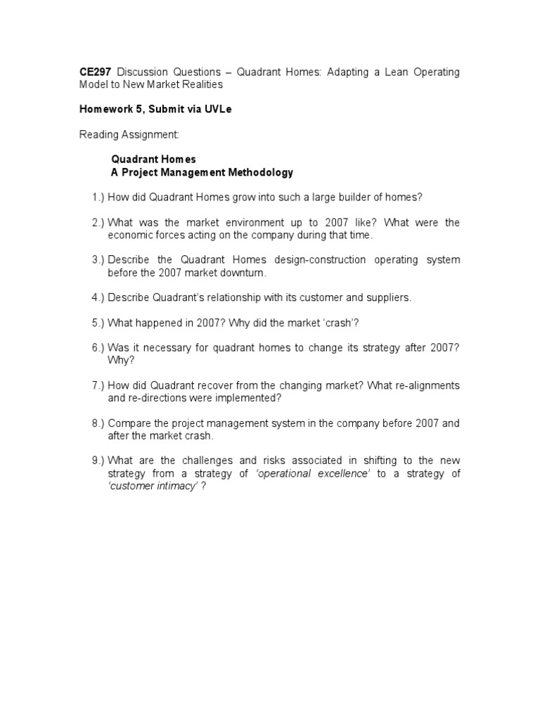 CE297 Discussion Questions - Quadrant Homes: Adapting A Lean Operating ...