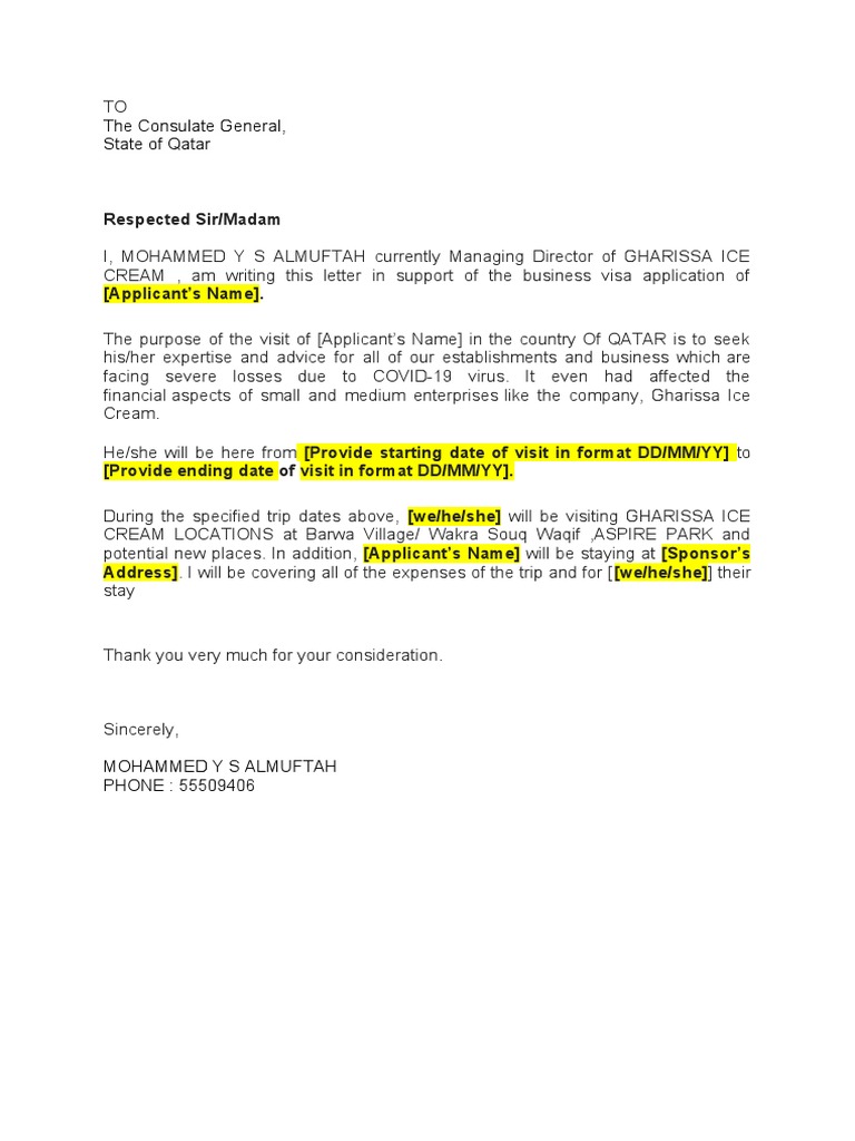 Business Visa Support Letter for Qatar | PDF