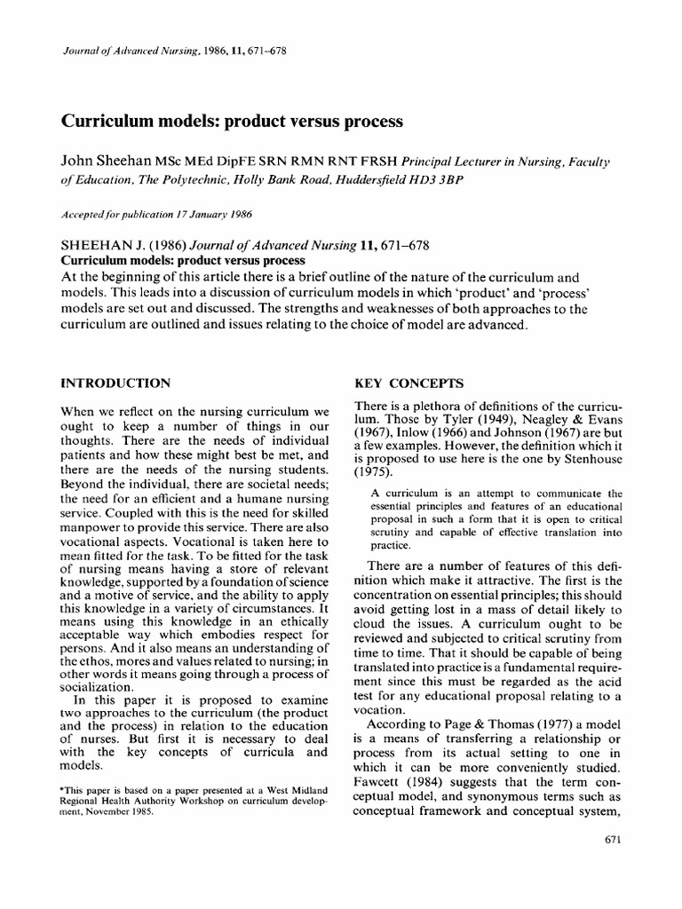 Curriculum Models: Product Versus Process: John Sheehan | PDF ...