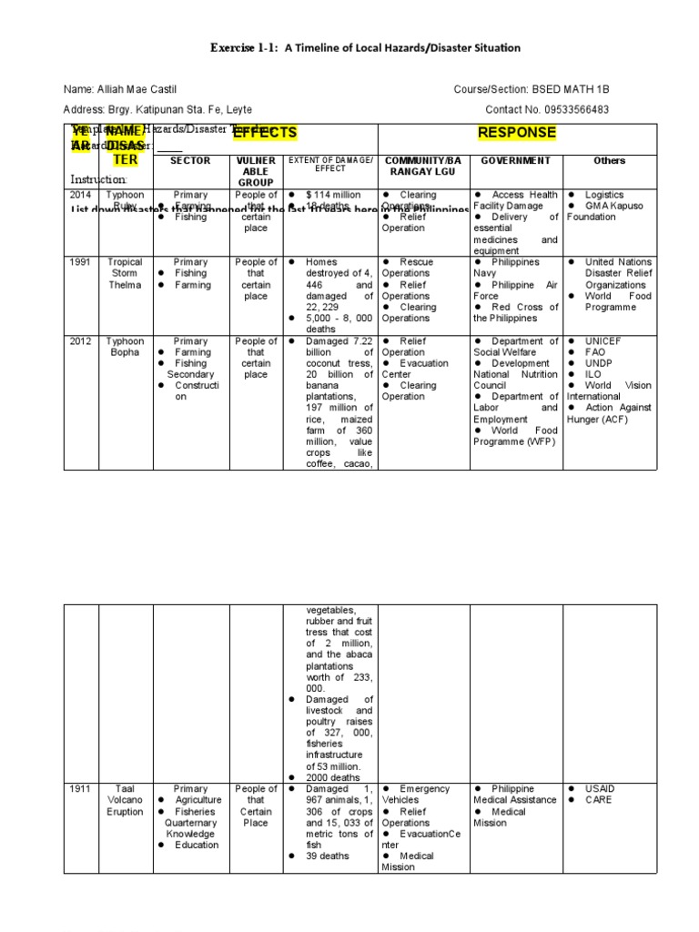 Effects Response: Exercise 1-1: A Timeline of Local Hazards/Disaster ...