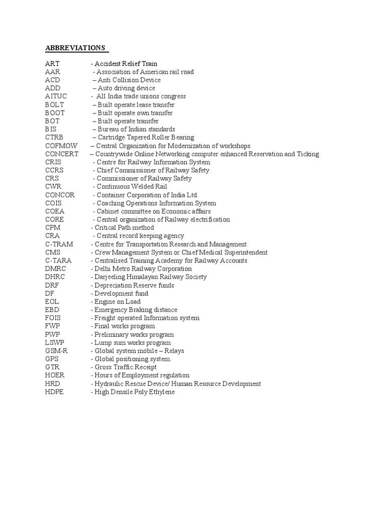 Railway Abbreviations and Acronyms | PDF | Rail Transport | Train