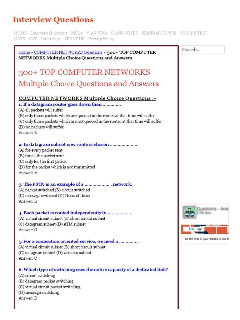 300+ Top Computer Networks Multiple Choice Questions and Answers | PDF | Routing | Network ...