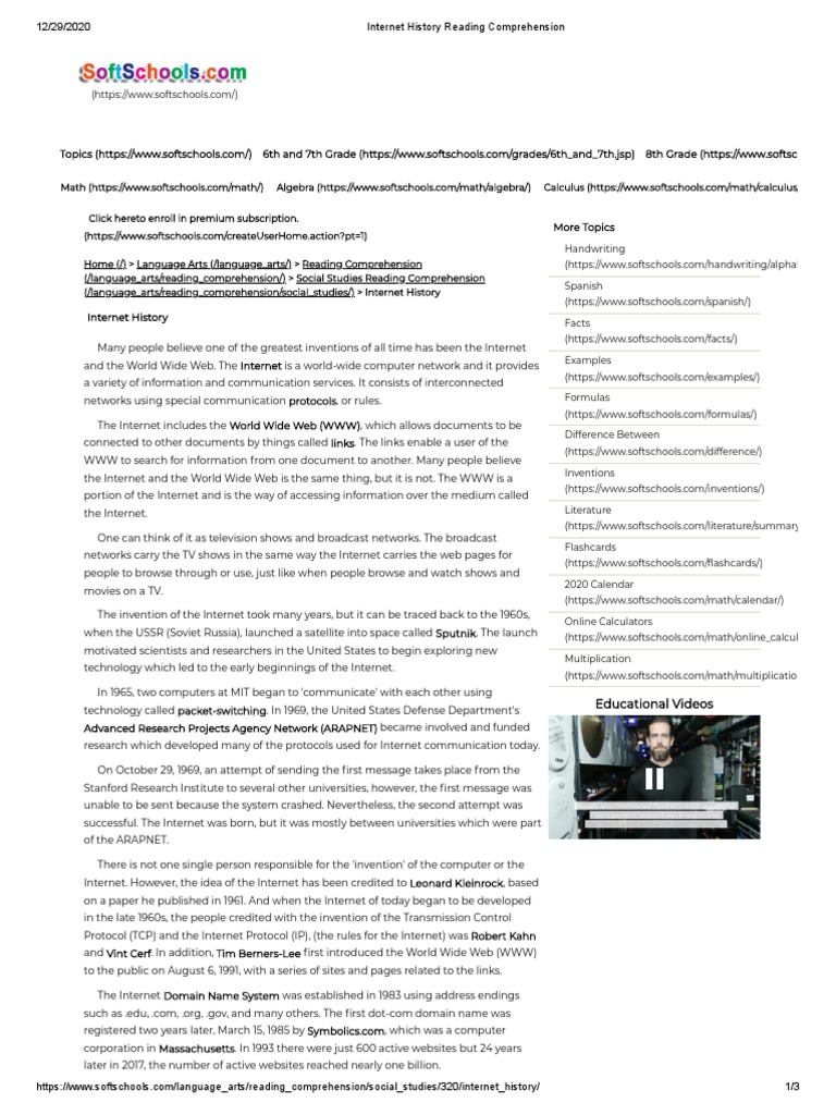 Internet History Reading Comprehension | PDF | Internet Protocol Suite ...