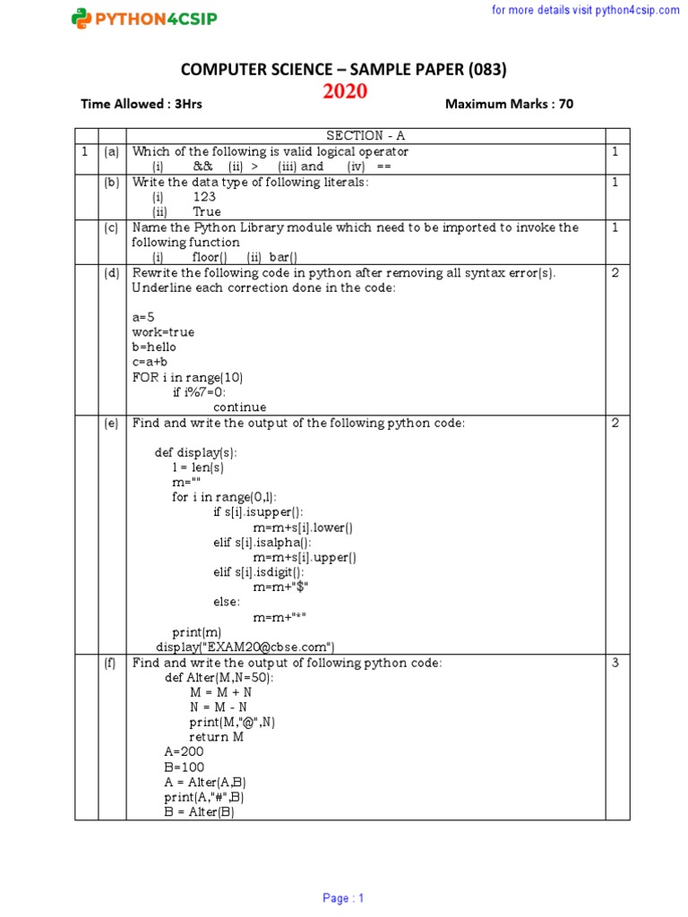 Computer Science - Sample Paper (083) : Time Allowed: 3Hrs Maximum Marks: 70 | Download Free PDF ...
