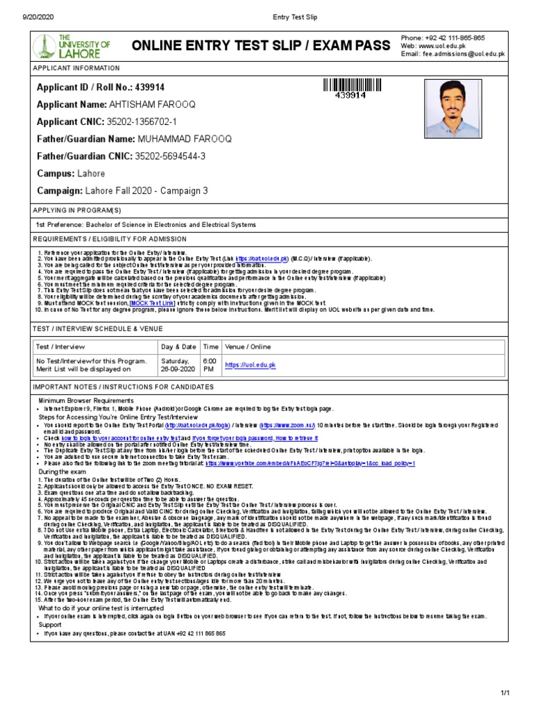 Entry Test Slip Ahtisham | PDF | University And College Admission ...