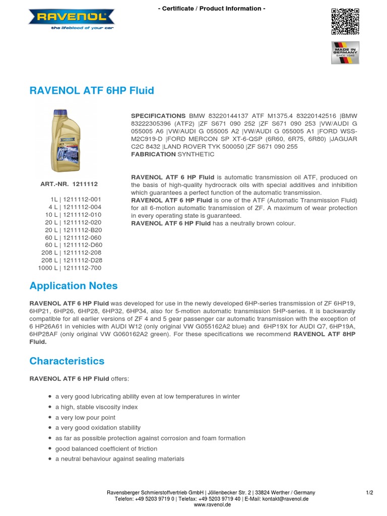 RAVENOL ATF 6HP Fluid | PDF | Mechanical Engineering | Materials