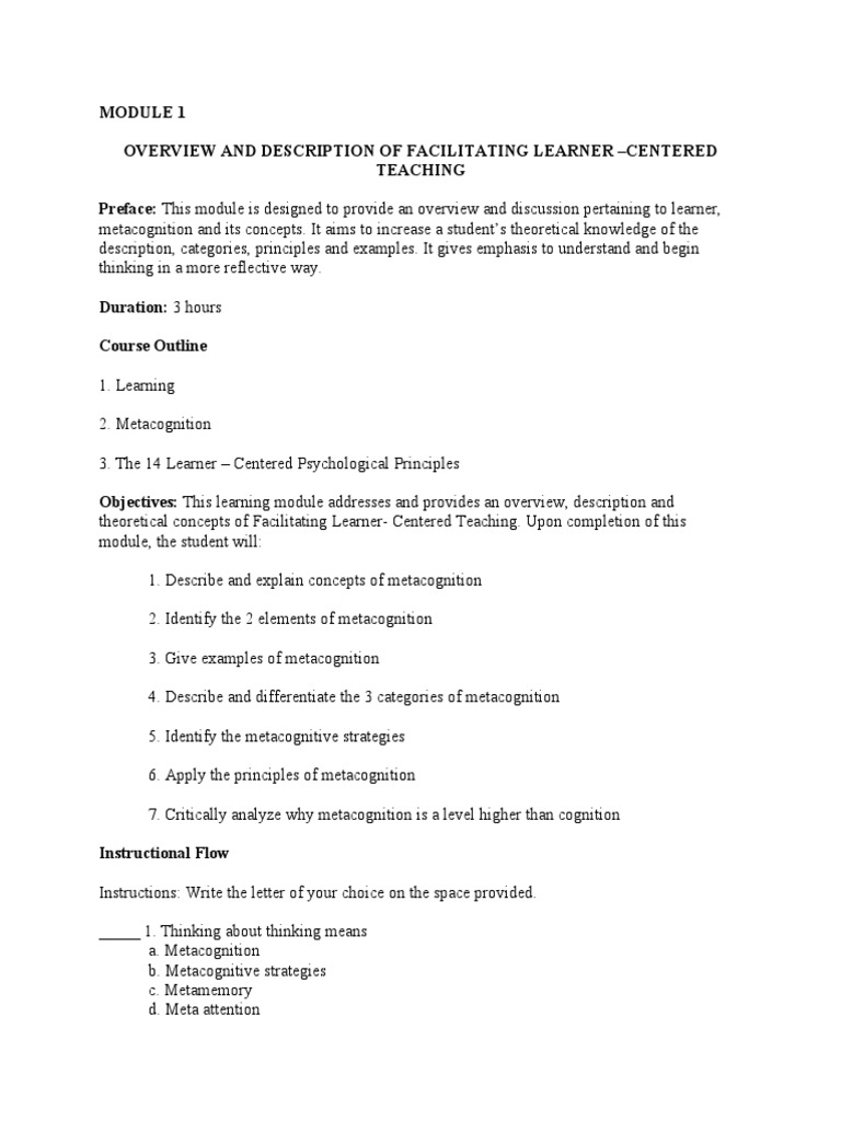 Module in Facilitating Learner Centered Teaching | PDF | Metacognition | Motivation