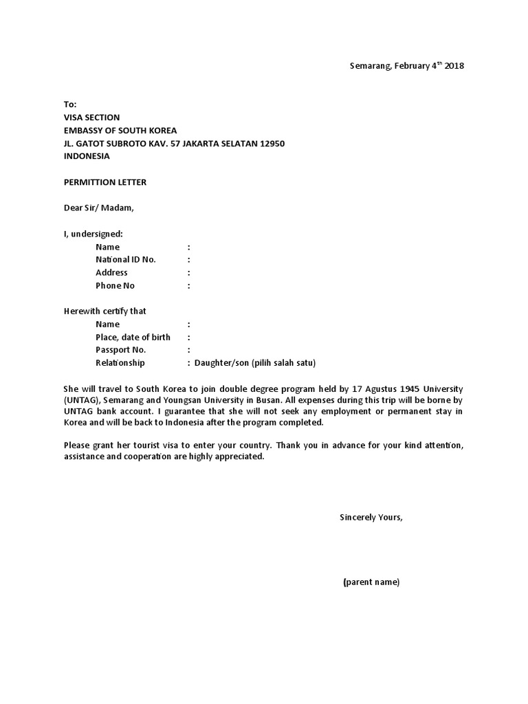 To: Visa Section Embassy of South Korea Jl. Gatot Subroto Kav. 57 ...