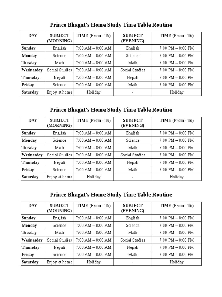 Prince Bhagat's Home Study Time Table Routine | PDF