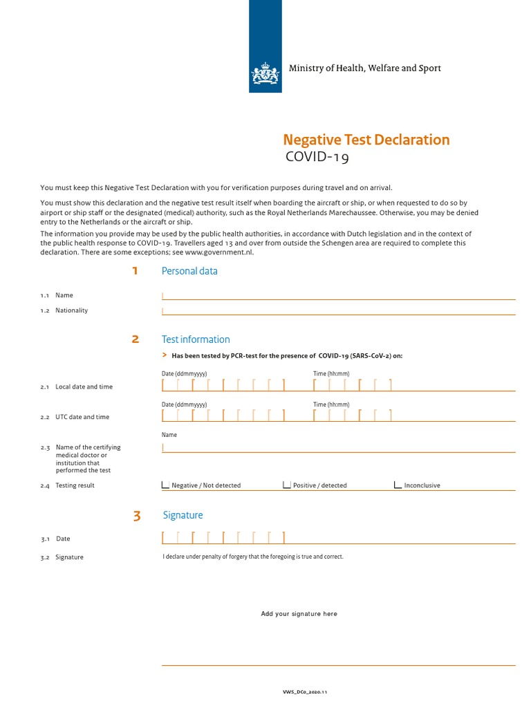 Negative Test Declaration Form PDF | PDF