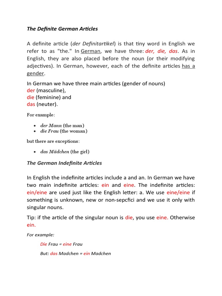 The Definite German Articles: Der Die Das | PDF | Grammatical Gender ...