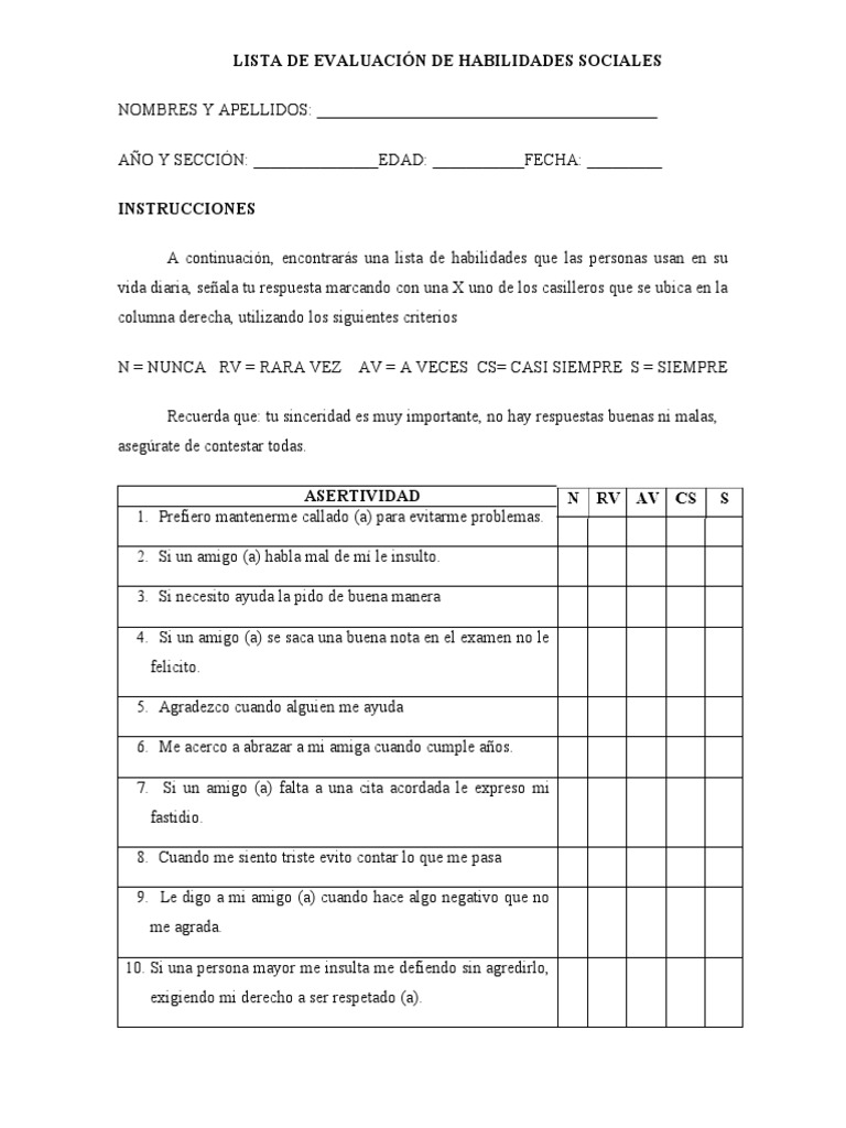 LISTA DE EVALUACIÓN DE HABILIDADES SOCIALES.docx | PDF