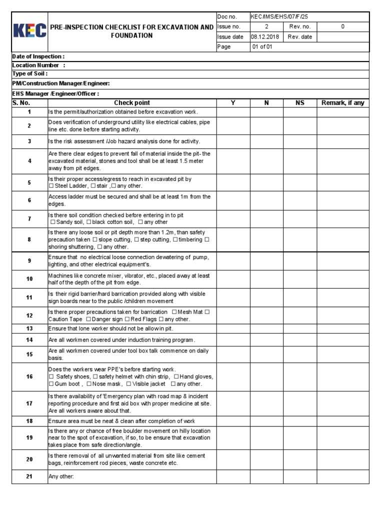 Pre-Inspection Checklist For Excavation and Foundation | PDF | Personal ...
