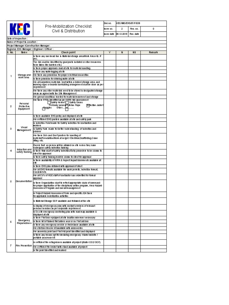 Pre-Mobilization Checklist Civil & Distribution | PDF | Personal ...