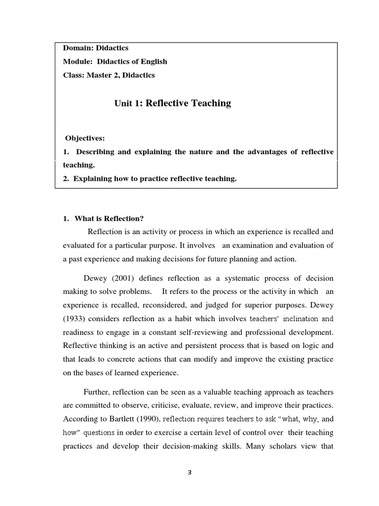 Reflective Teaching: Unit 1 | PDF | Teachers | Reflective Practice