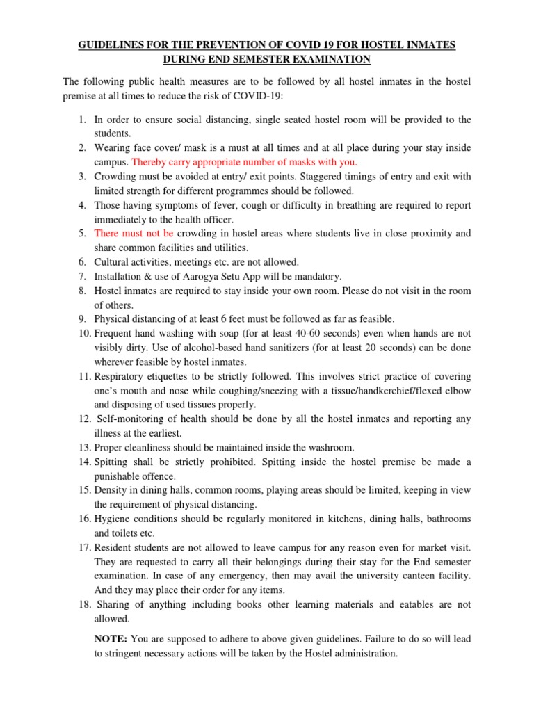 Guidelines For Hostel | PDF | Hygiene | Public Health