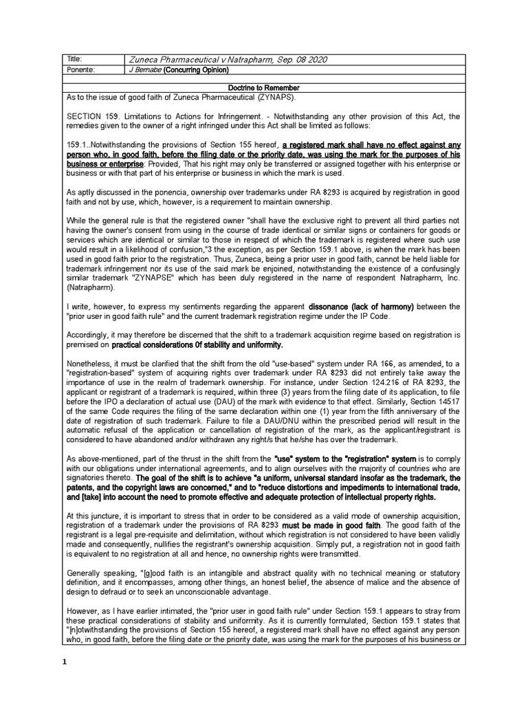 Bernabe CO - Zuneca Parmaceutical V Natrapharm, Sep. 08 2020 | PDF ...
