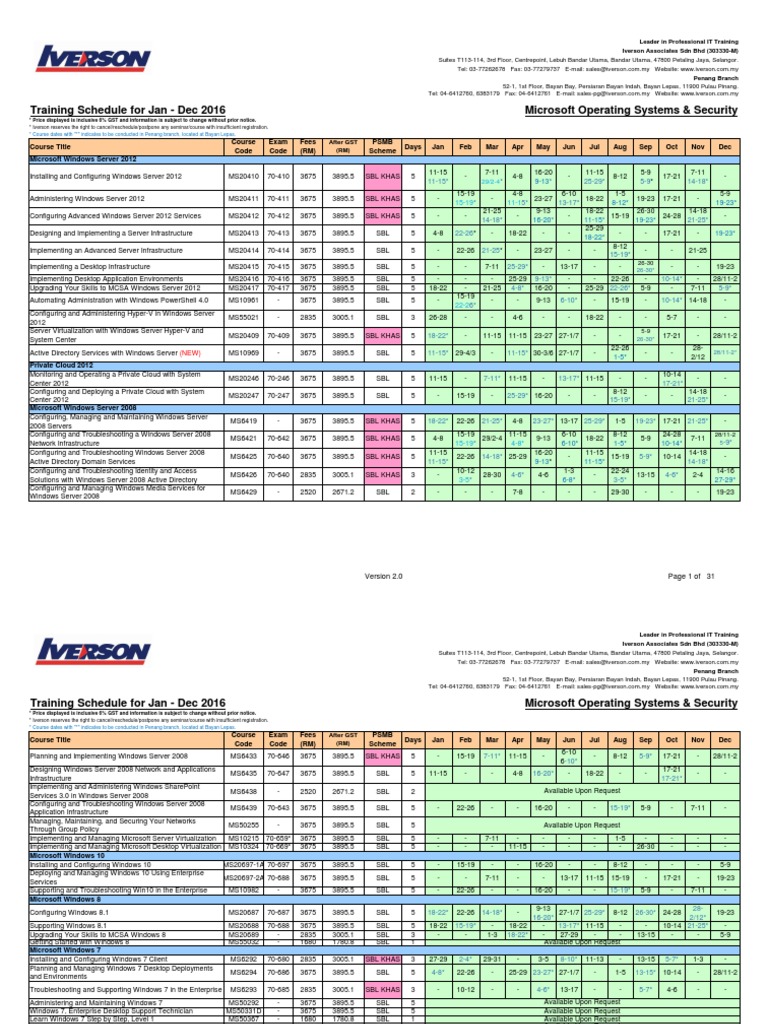 Iverson Training Schedule Jan To Dec 2016 v20 | PDF | Microsoft Sql ...