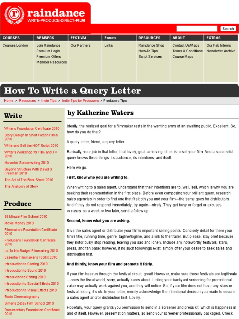 Raindance - How To Write A Query Letter PDF | PDF | Filmmaking ...