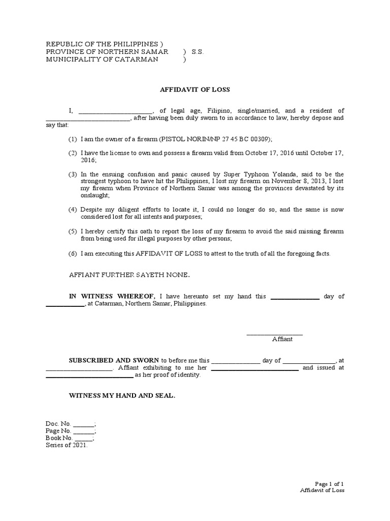 Affidavit of Loss - Gun, Licensed | PDF