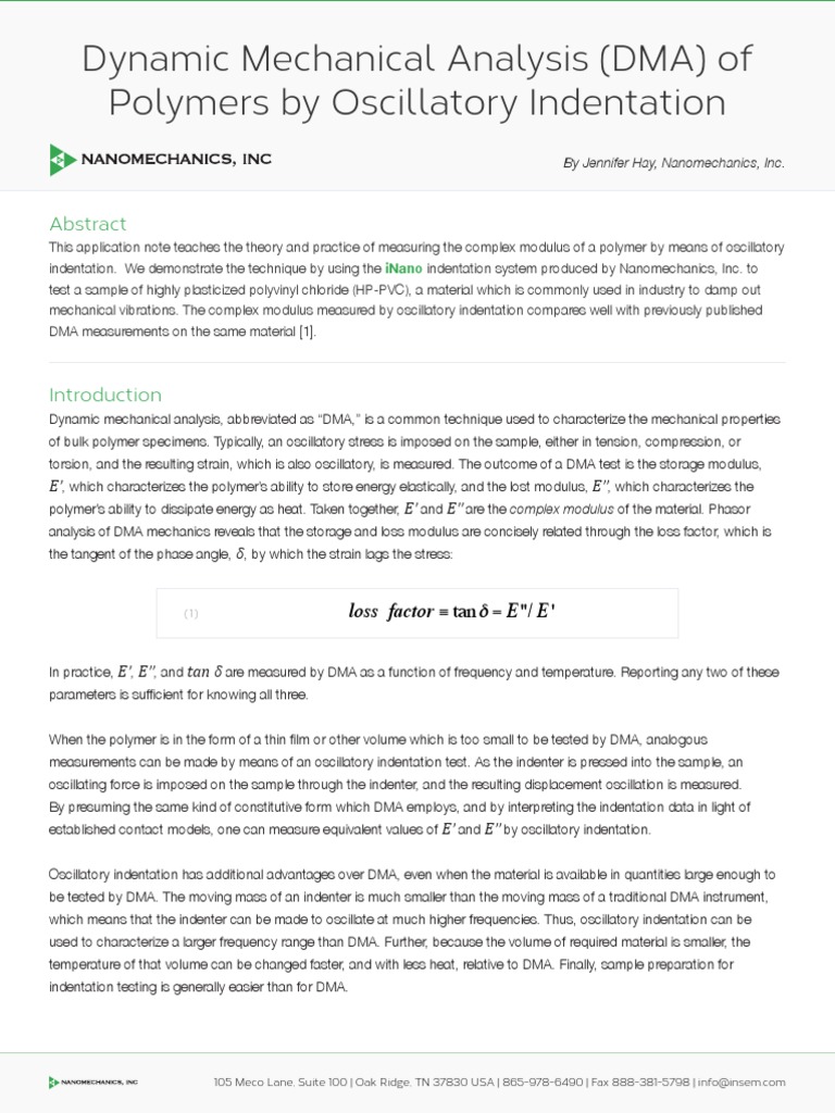 Dynamic Mechanical Analysis (DMA) of Polymers by Oscillatory ...
