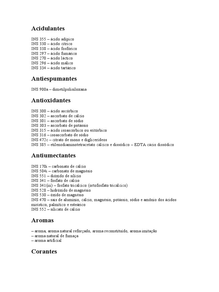 Tabela de Aditivos INS | PDF | Ingredientes de comida | Compuestos ...