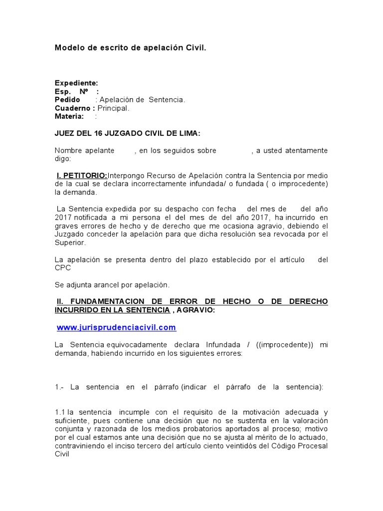 Modelo de Escrito de Apelación Civil | PDF | Sentencia (ley) | Apelación