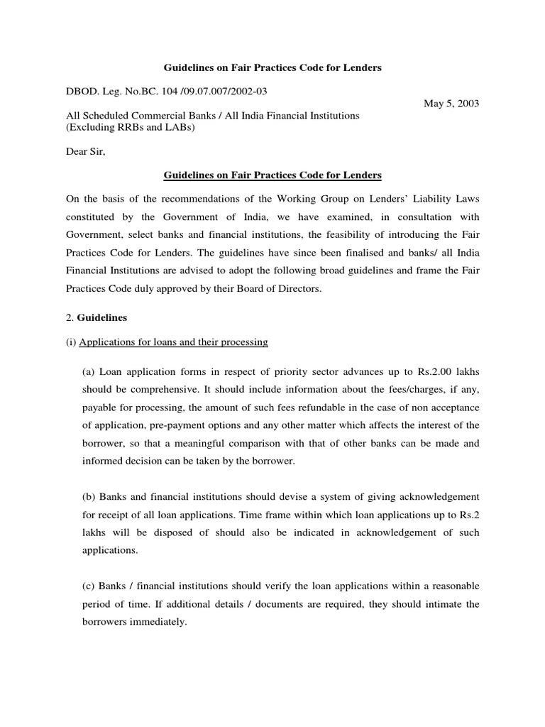 Guidelines On Fair Practices Code For Lenders | PDF