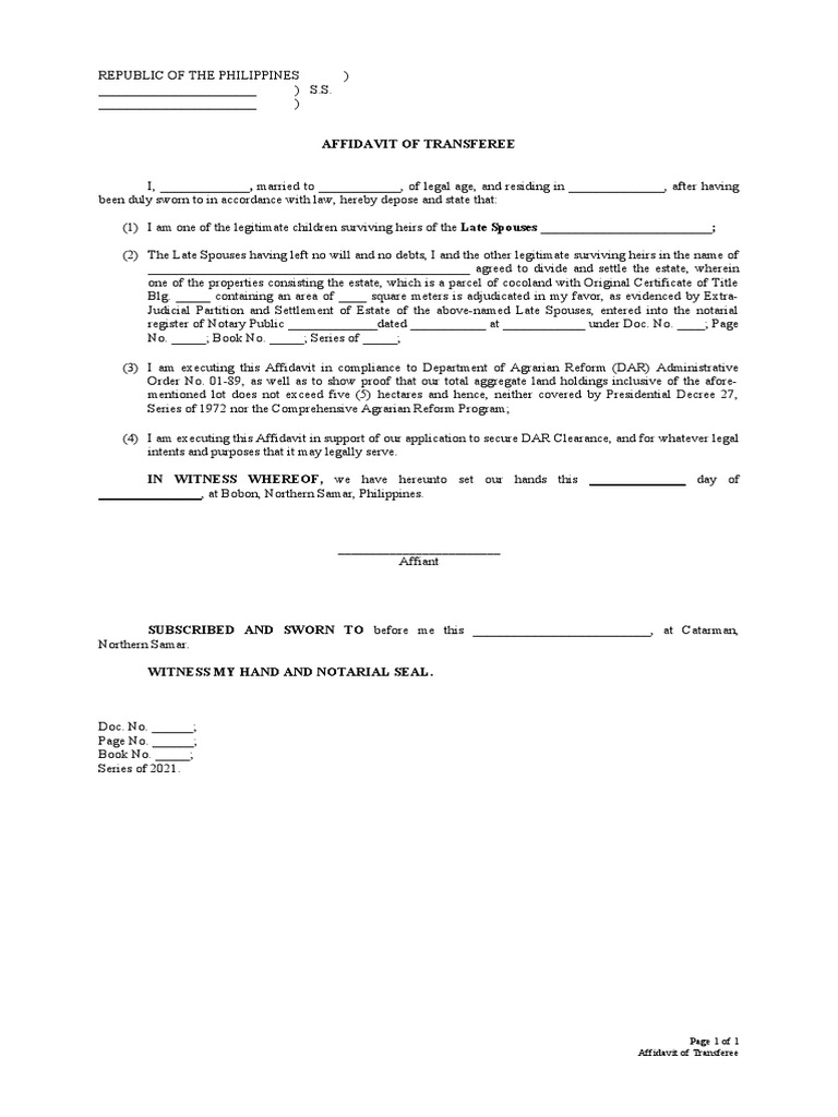 Affidavit of Transferee | PDF