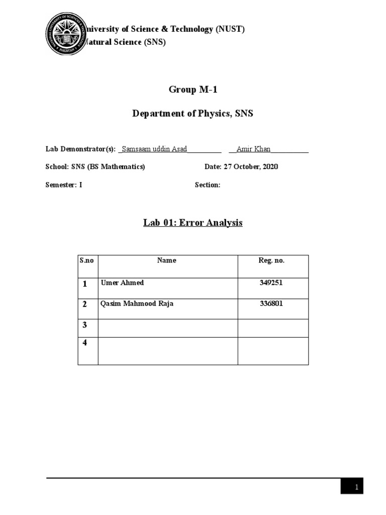 Lab-1 Error Analysis | PDF | Errors And Residuals | Standard Error