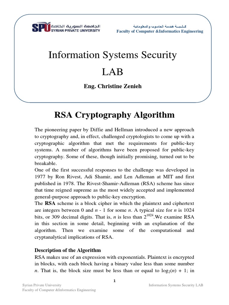 Information Systems Security LAB: RSA Cryptography Algorithm | PDF | Cryptography | Key ...
