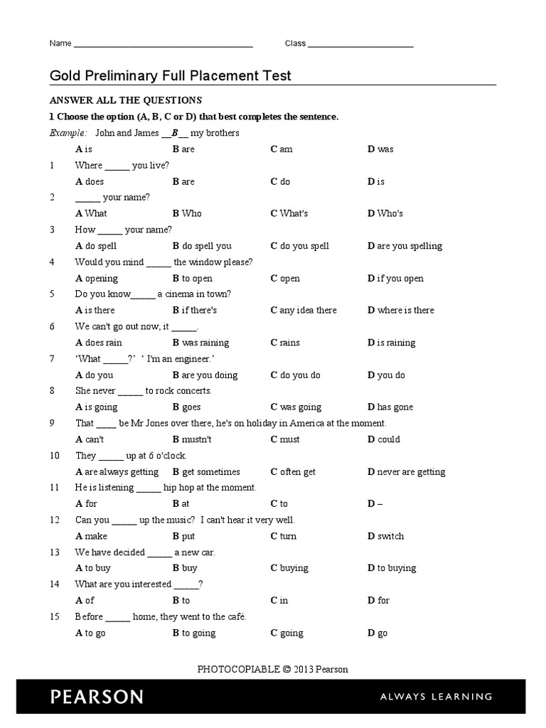 Gold Preliminary Full Placement Test: Example: John and James - B - My ...