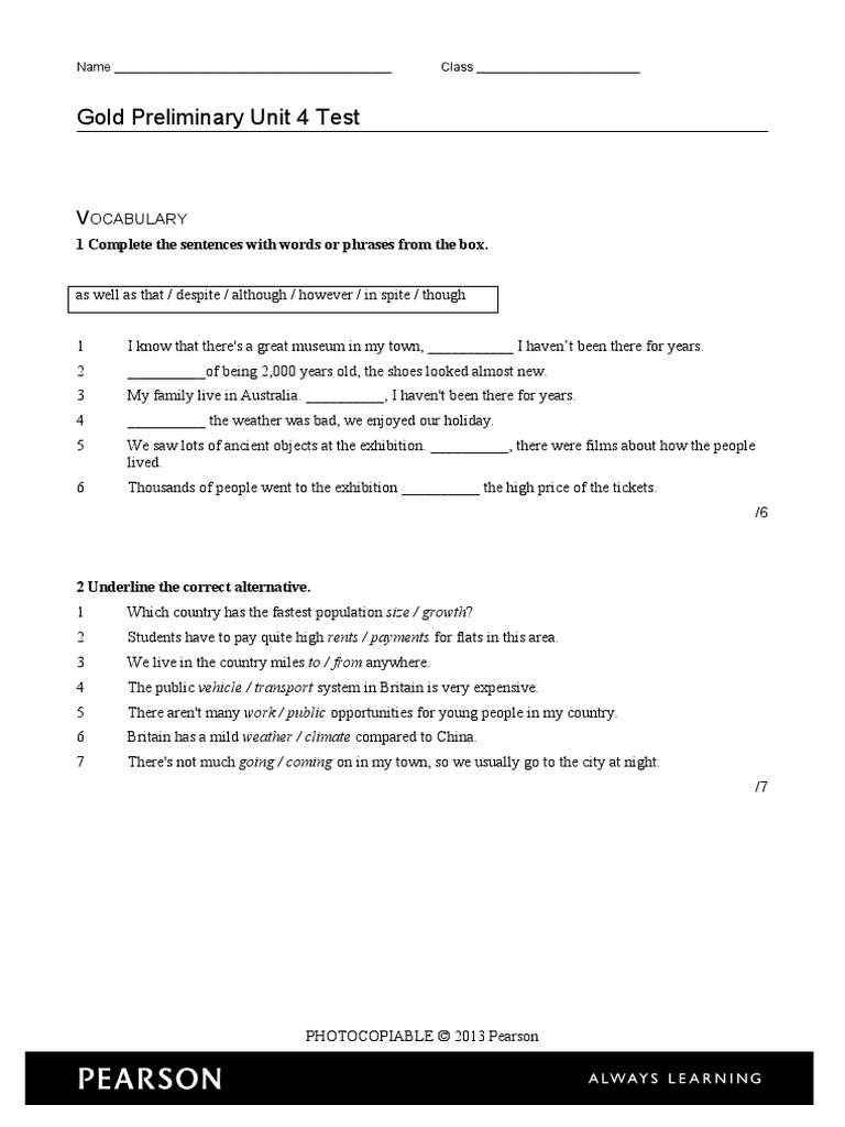 Gold Preliminary Unit 4 Test: 1 Complete The Sentences With Words or ...